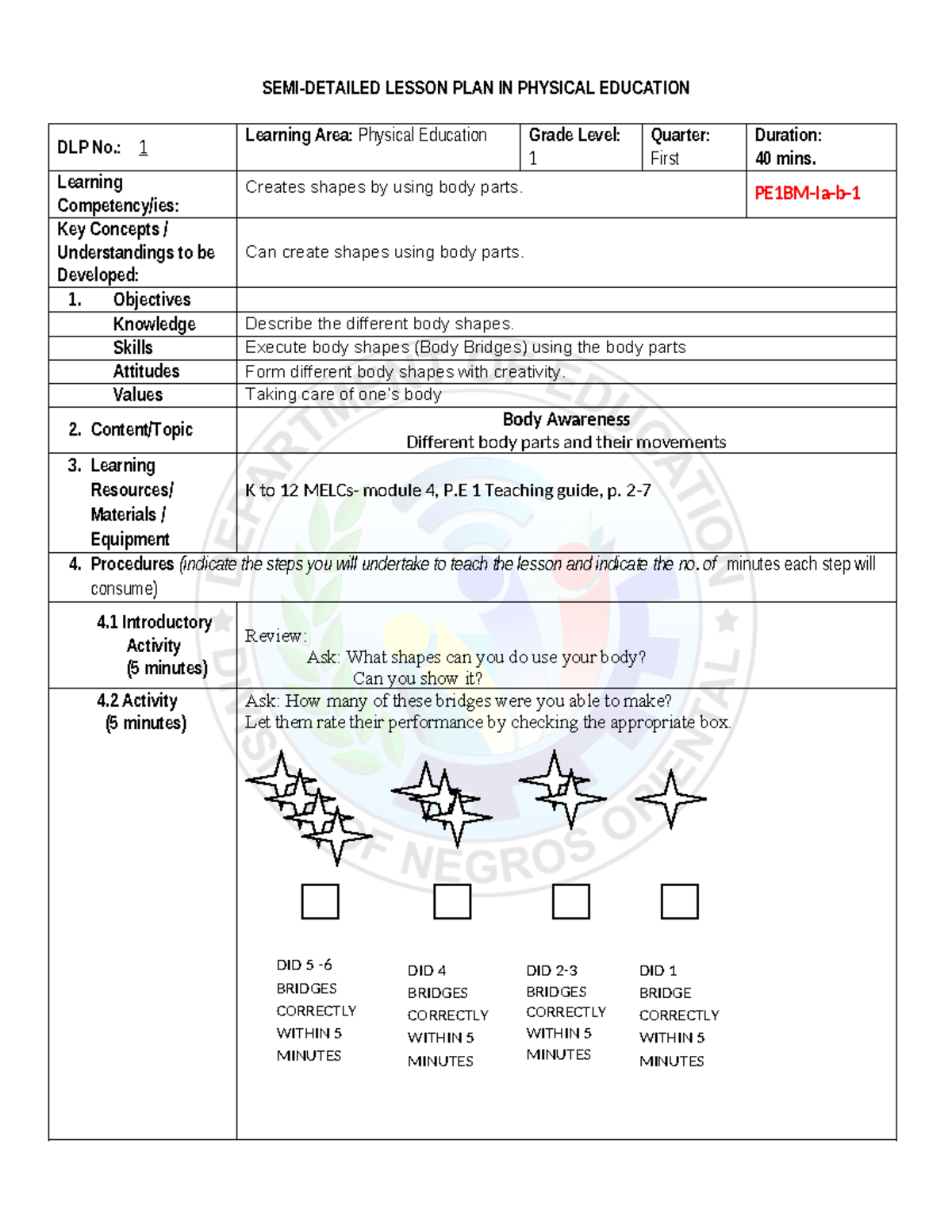 DLP-P - NICE - SEMI-DETAILED LESSON PLAN IN PHYSICAL EDUCATION DLP No ...