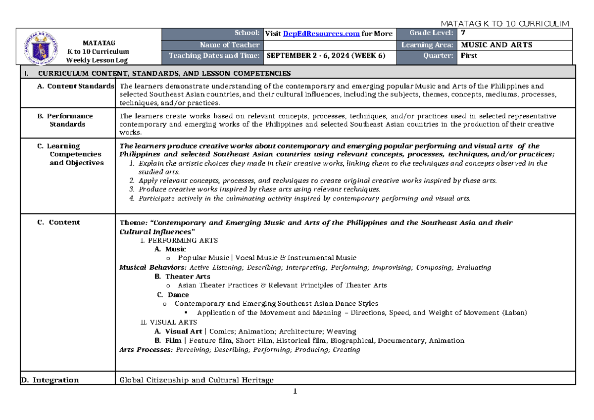 DLL Matatag Music & ARTS 7 Q1 W5-7 - MATATAG K to 10 Curriculum Weekly Lesson Log School: Visit ...