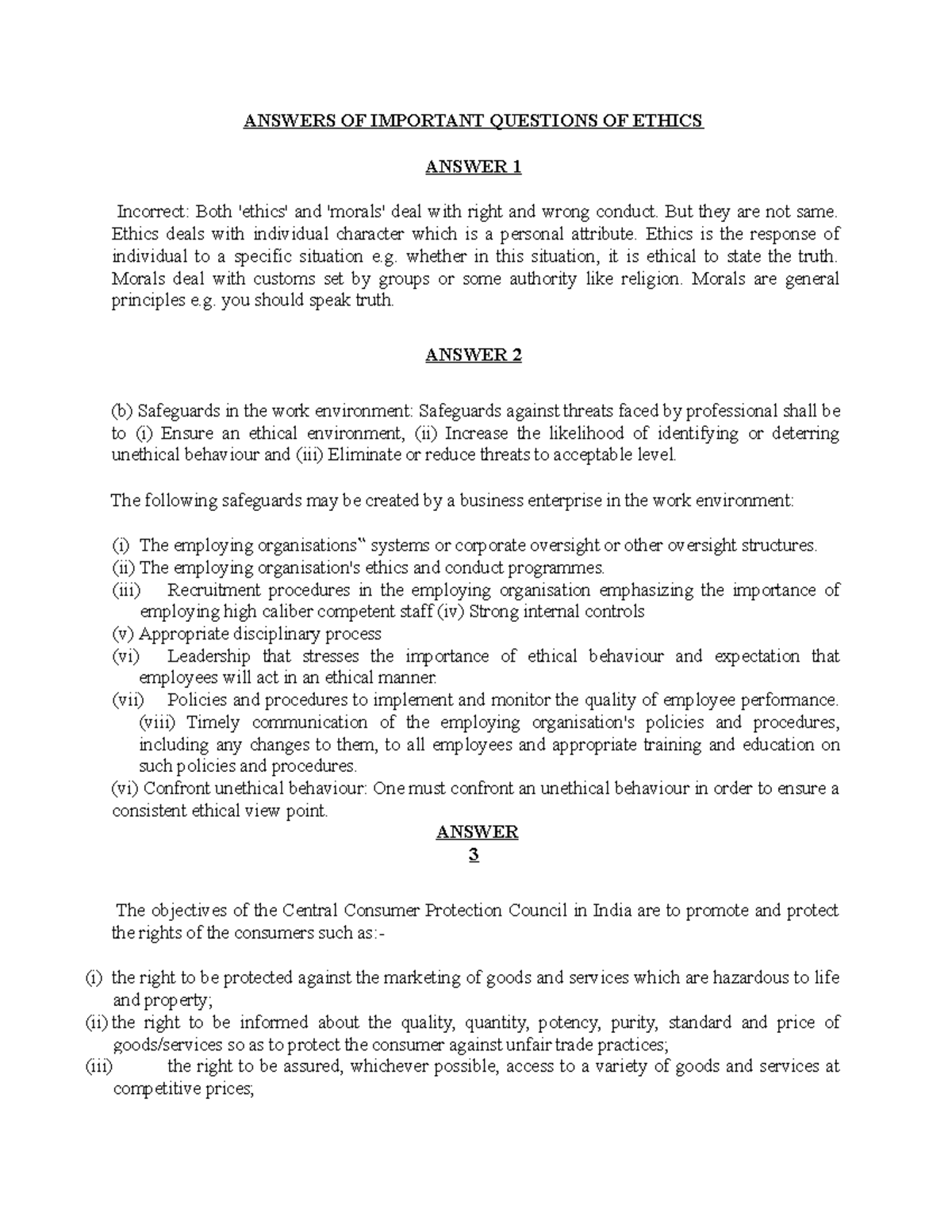 Answers Important Questions ON Ethics 1 - ANSWERS OF IMPORTANT ...