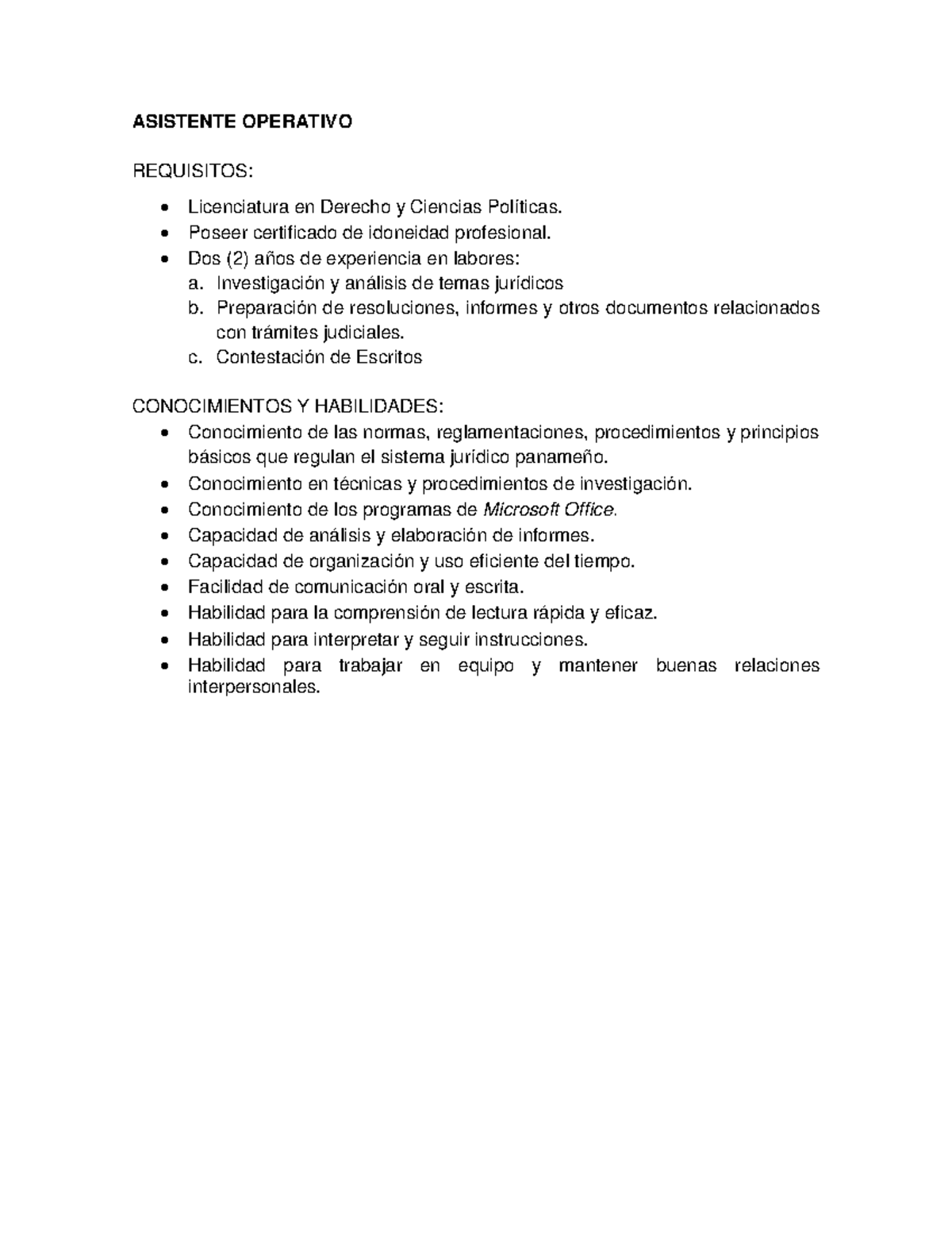 Asistente-Operativo - ASISTENTE OPERATIVO REQUISITOS: Licenciatura en ...