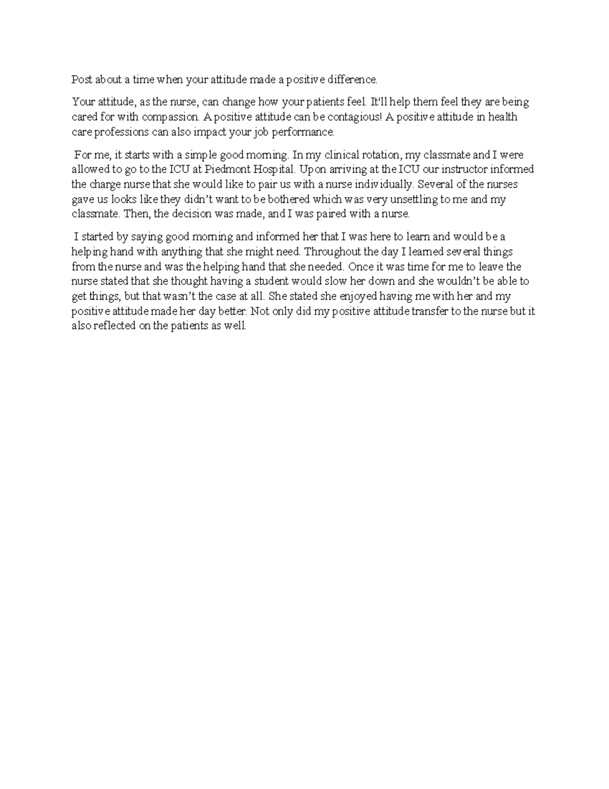 Attitude Discussion - Nursing - Post about a time when your attitude ...