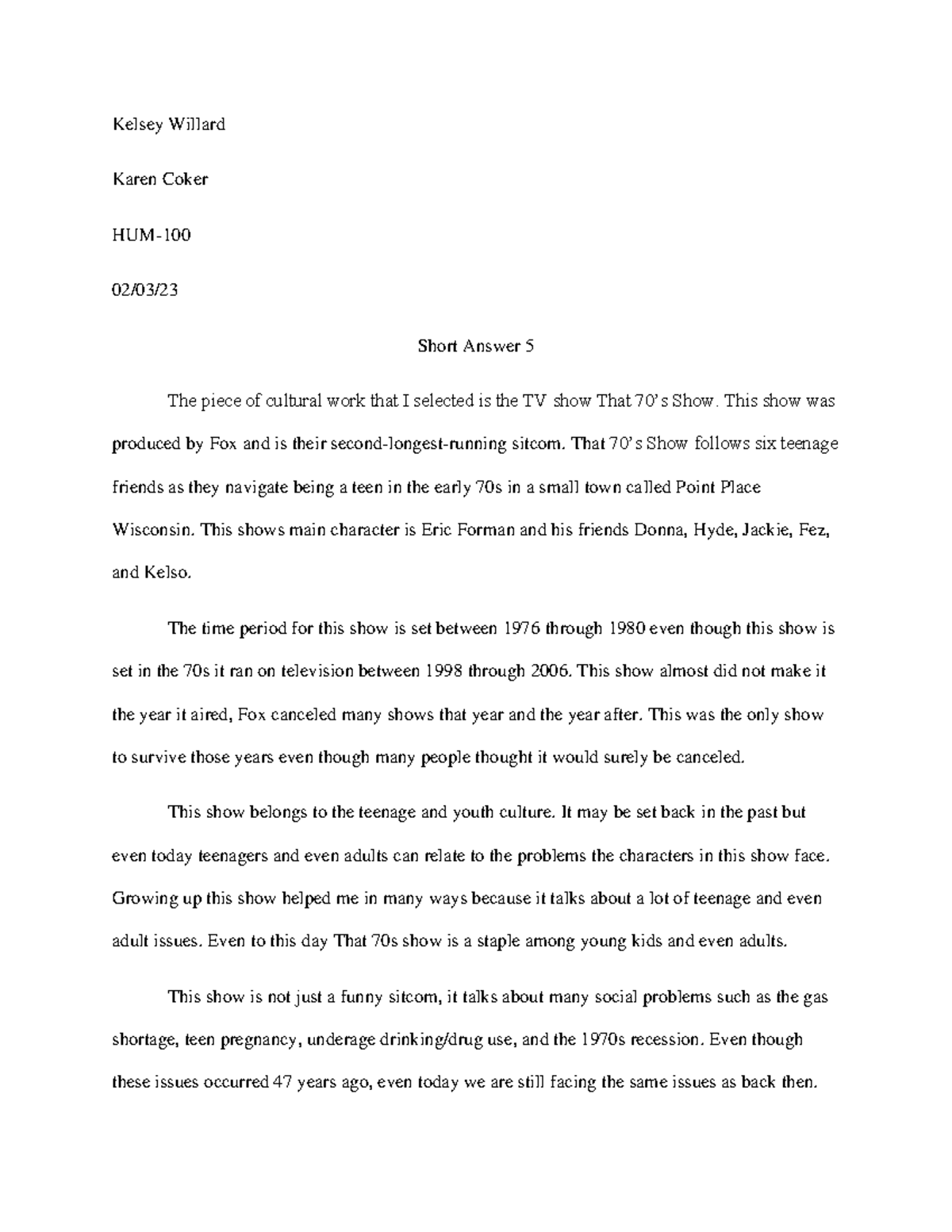 Module 5 Short Answer - 12345 - Kelsey Willard Karen Coker HUM- 02/03 ...