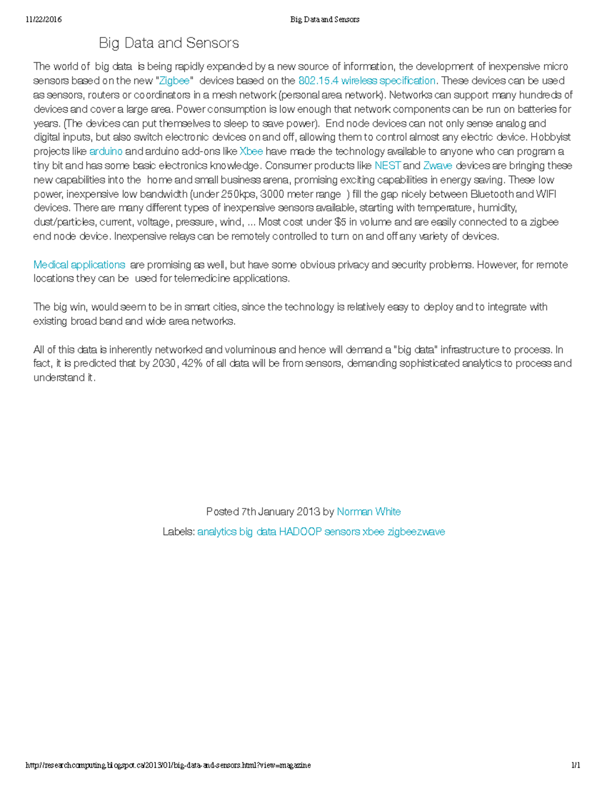 Reading 4 Big Data and Sensors Jan 2013 - 11/22/2016 Big Data and ...