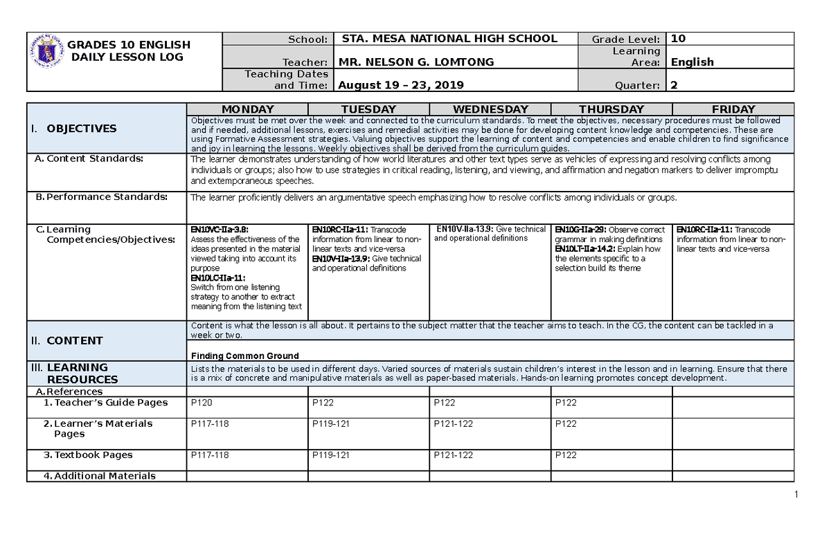 English 10 DLL 2nd 4th - This is a Daily Lesson Log for Quarter 2 to 4 - GRADES 10 ENGLISH DAILY ...