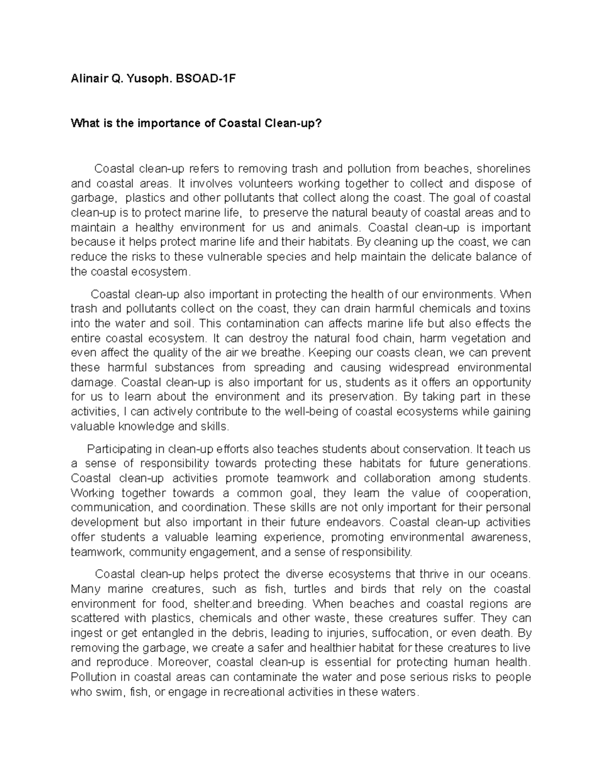 Coastal Clean-up Essay - Alinair - Alinair Q. Yusoph. BSOAD-1F What is ...