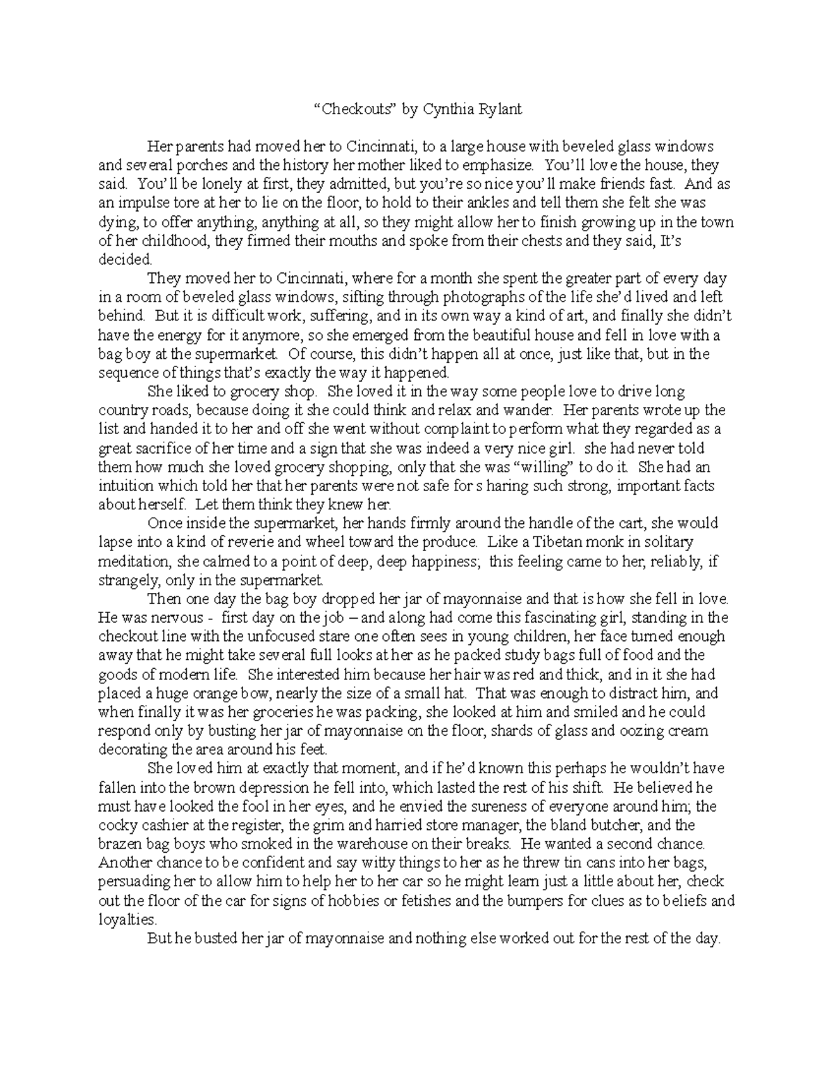 Checkout Story - it helps - “Checkouts” by Cynthia Rylant Her parents ...