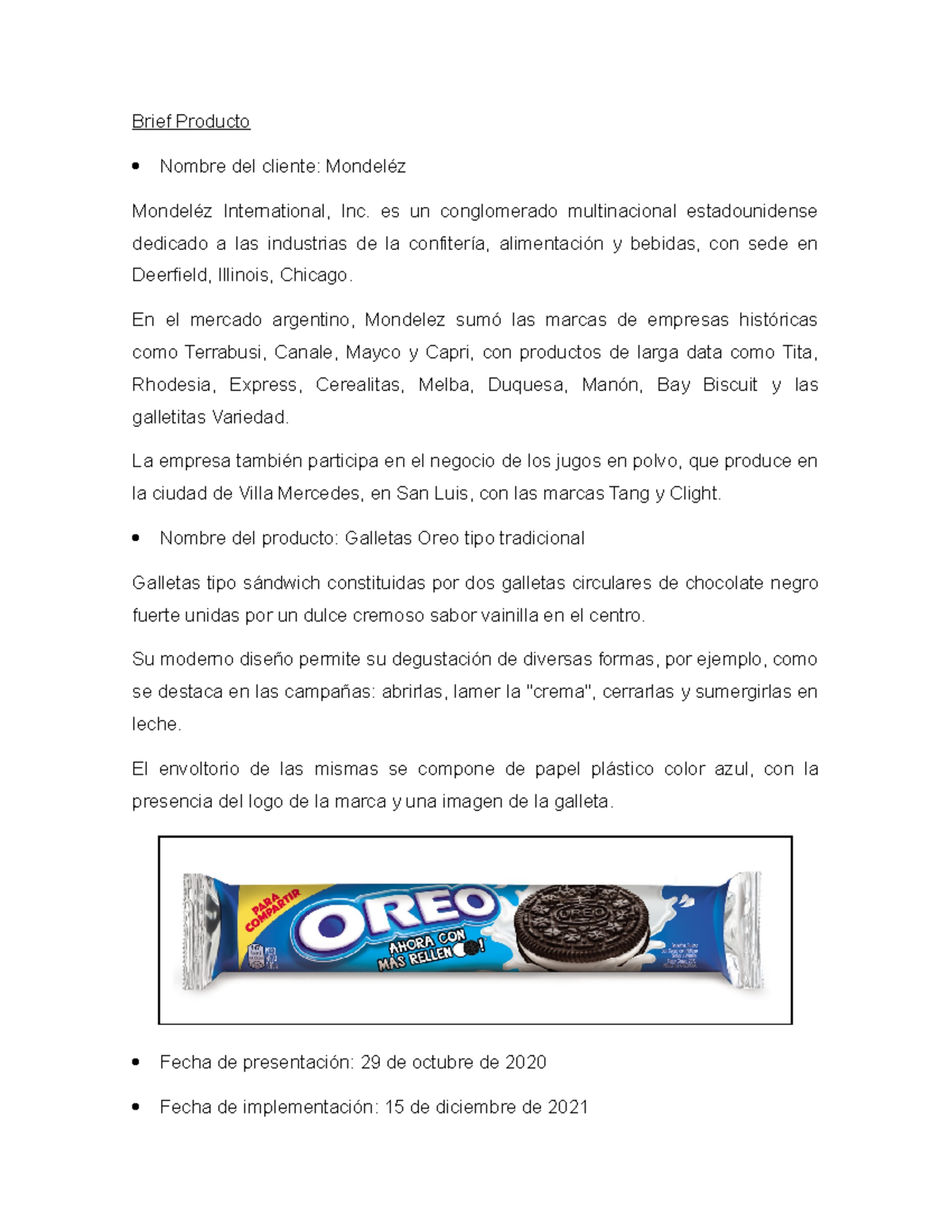 Modelo de Brief de Producto - Marca Oreo - Brief Producto Nombre del ...