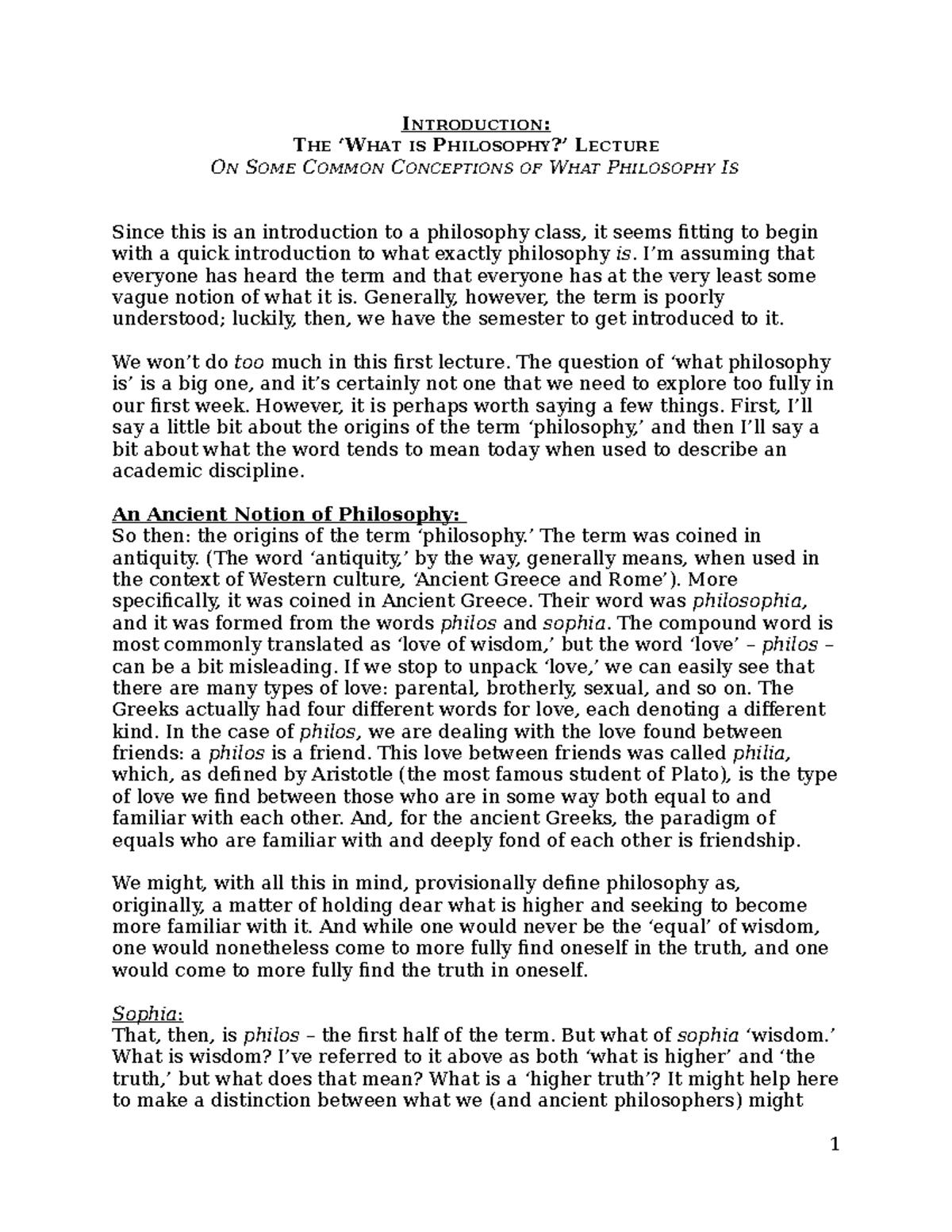 PHIL 2010 - Lecture Notes - Unit 0 - Intro to Philosophy - I ...