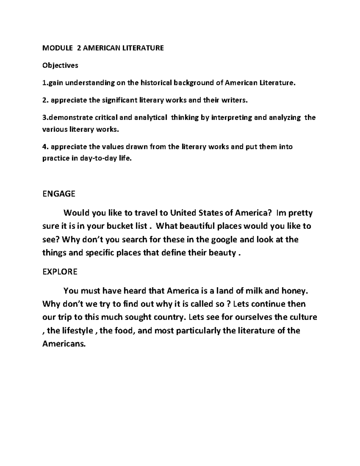 Module 2 American Literature - MODULE 2 AMERICAN LITERATURE Objectives ...