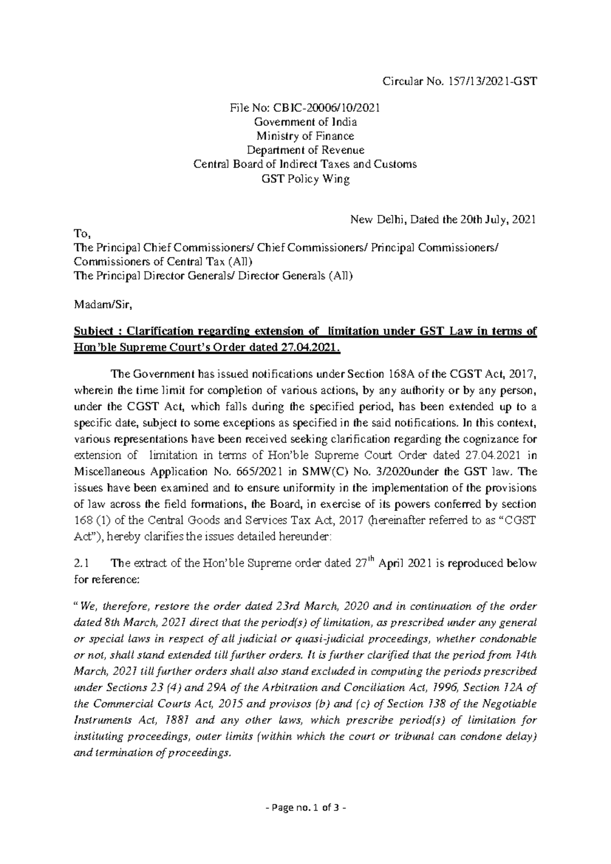 157 13 2021 GST Circular - Page no. 1 of 3 - Circular No. 157/13/2021 ...