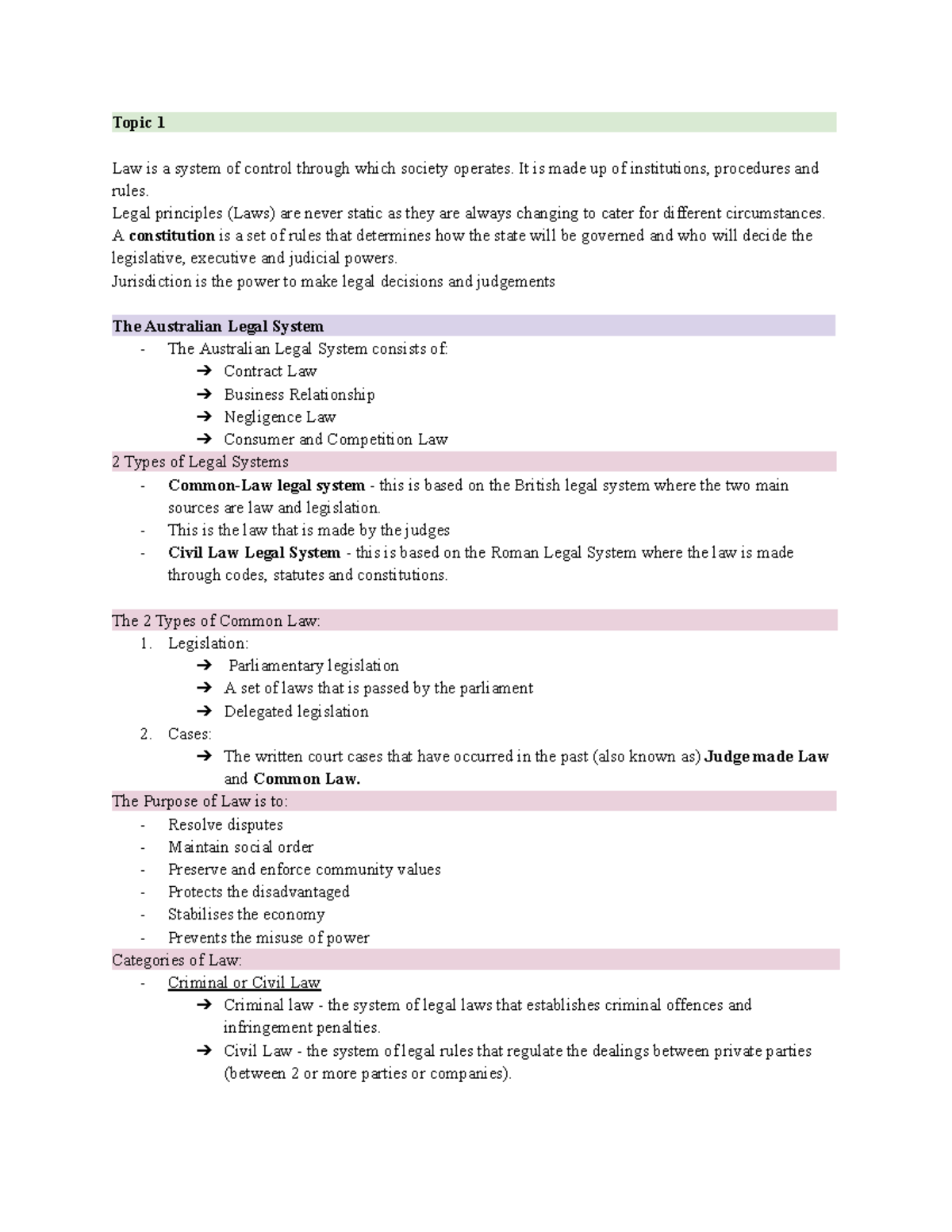 Topic 1 Law Lecture Notes Topic 1 — Law Is A System Of Control Through Which Society