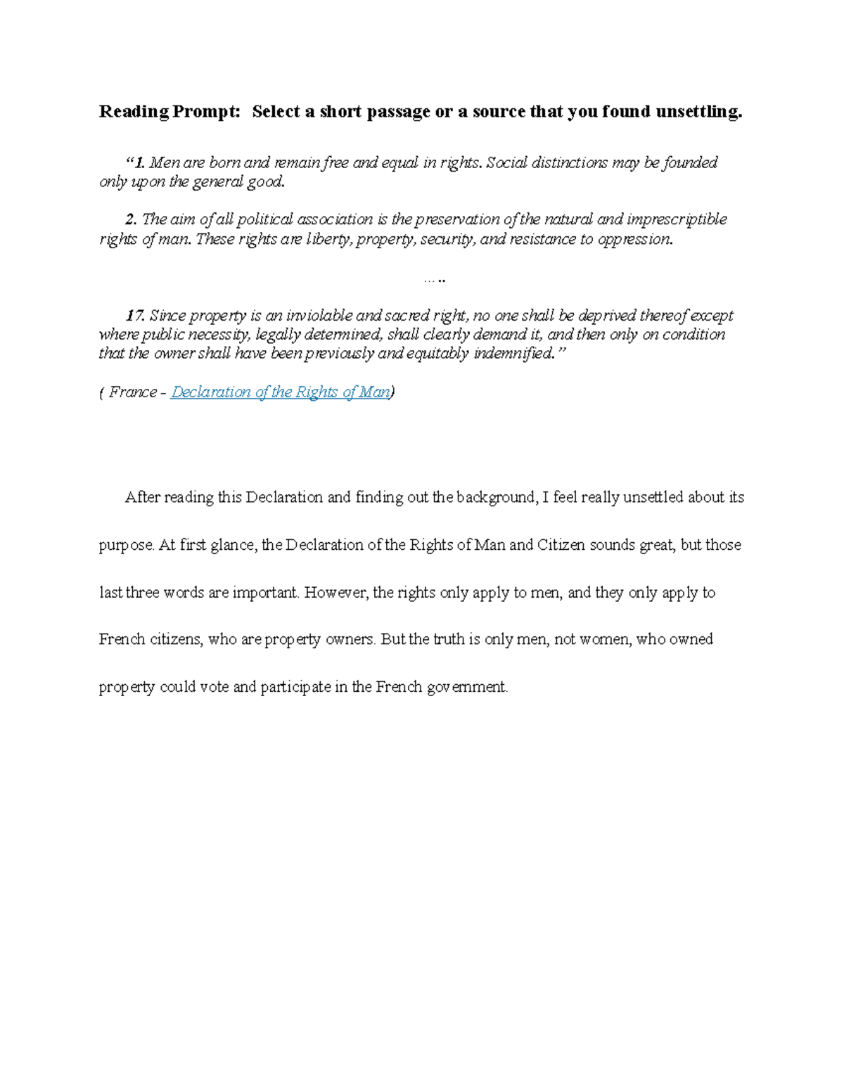 History Prompt - Reading Prompt: Select a short passage or a source ...