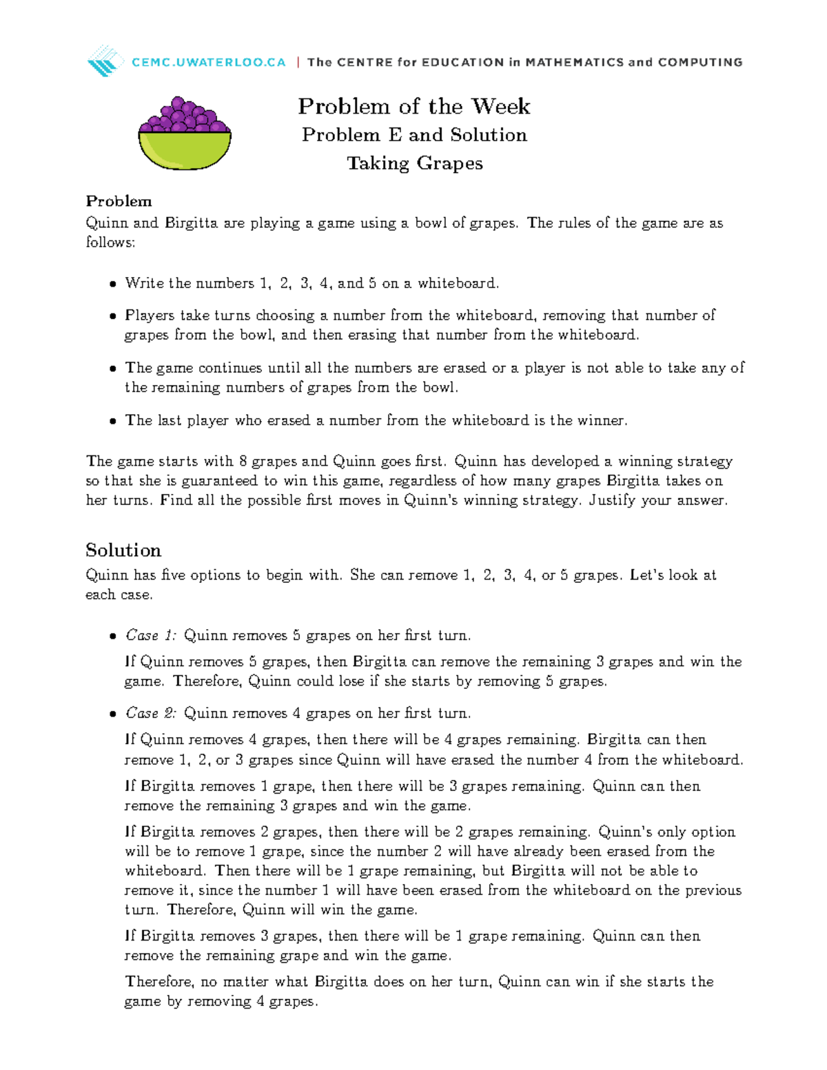 Potwe 21 C 23 S - .math worksheet - Problem of the Week Problem E and ...