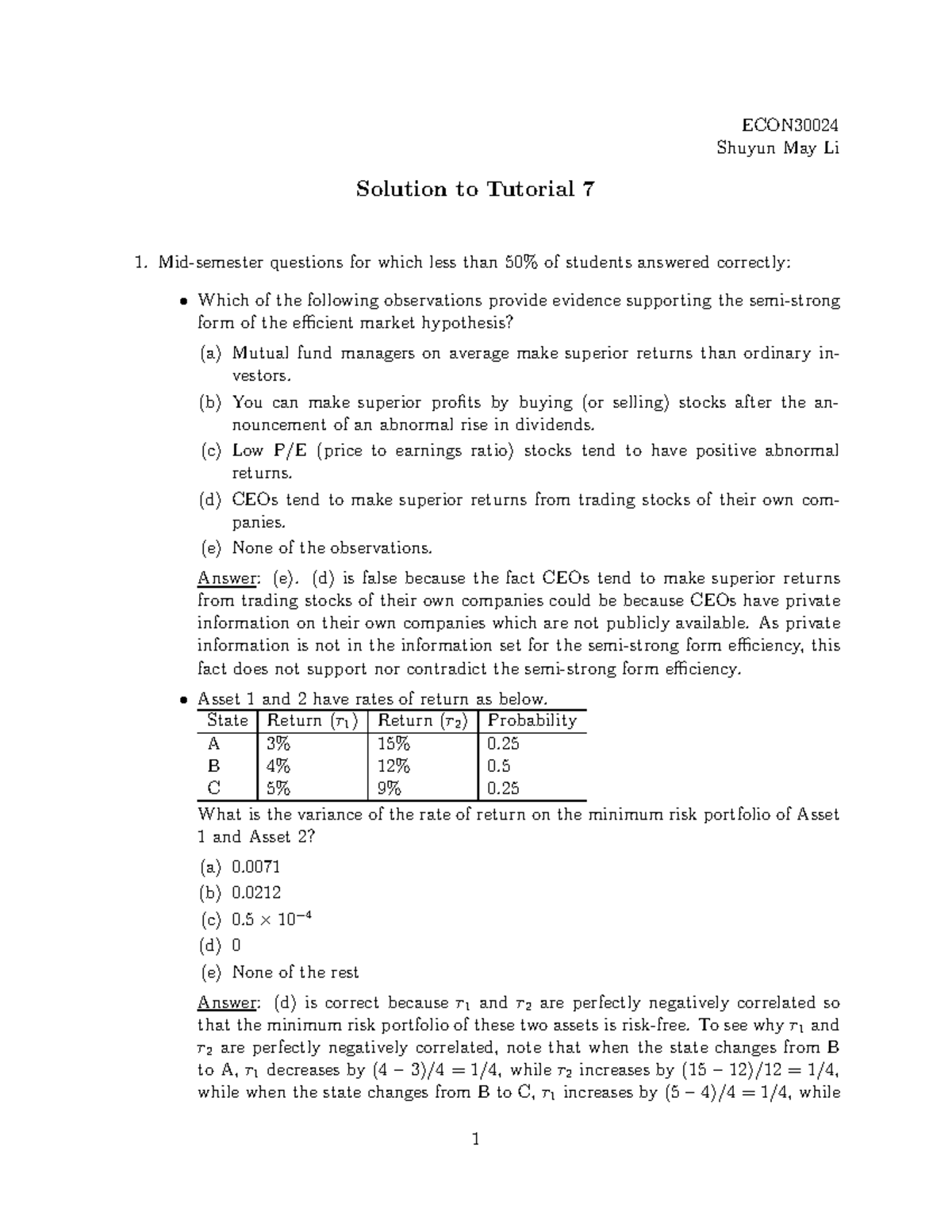 EFM - Tutorial 7 solution - ECON Shuyun May Li Solution to Tutorial 7 ...