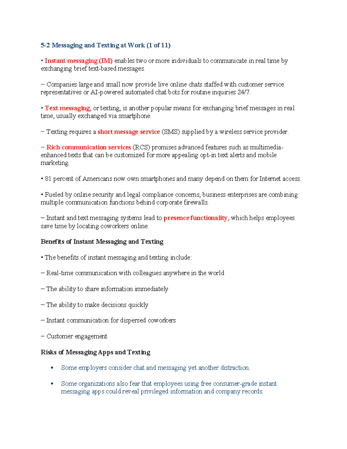 Note GK - Note ôn thi - 5-2 Messaging and Texting at Work (1 of 11) • Instant messaging (IM ...