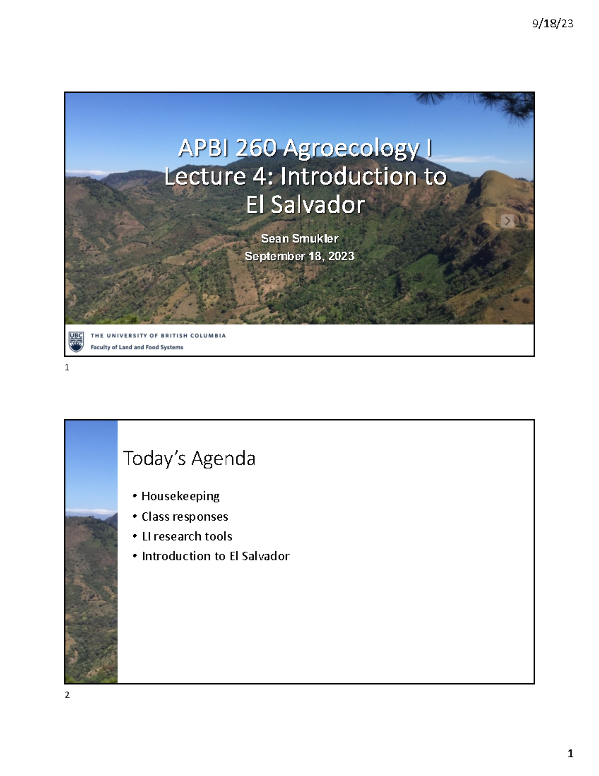 APBI 260 Lecture 4 El Salvador W2023 - APBI 260 Agroecology I Lecture 4 ...