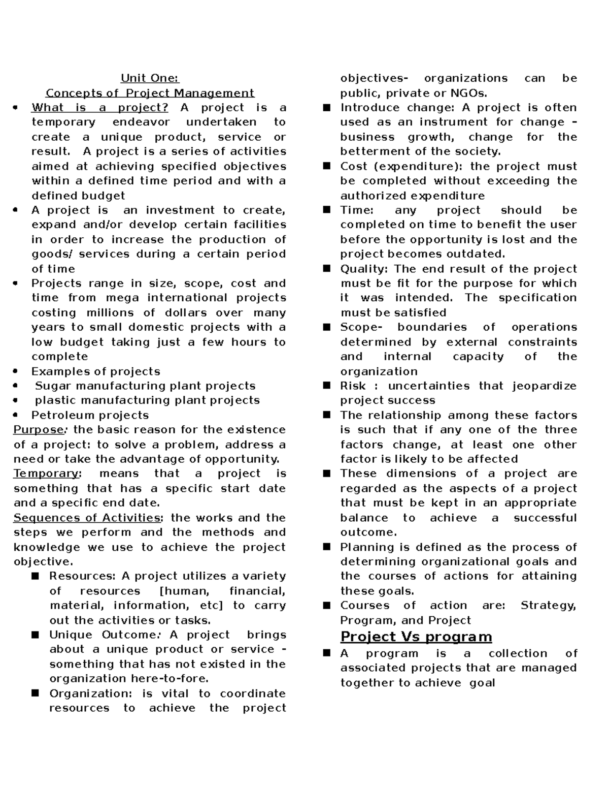 Project ch 1 - Unit One: Concepts of Project Management What is a ...