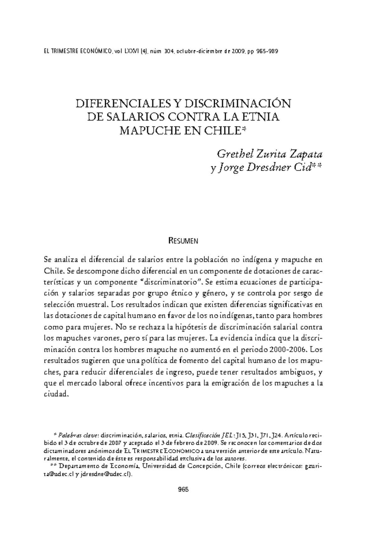 Grethel Zurita Zapata, Jorge Dresdner Cid - Diferenciales y discriminación de los salarios ...
