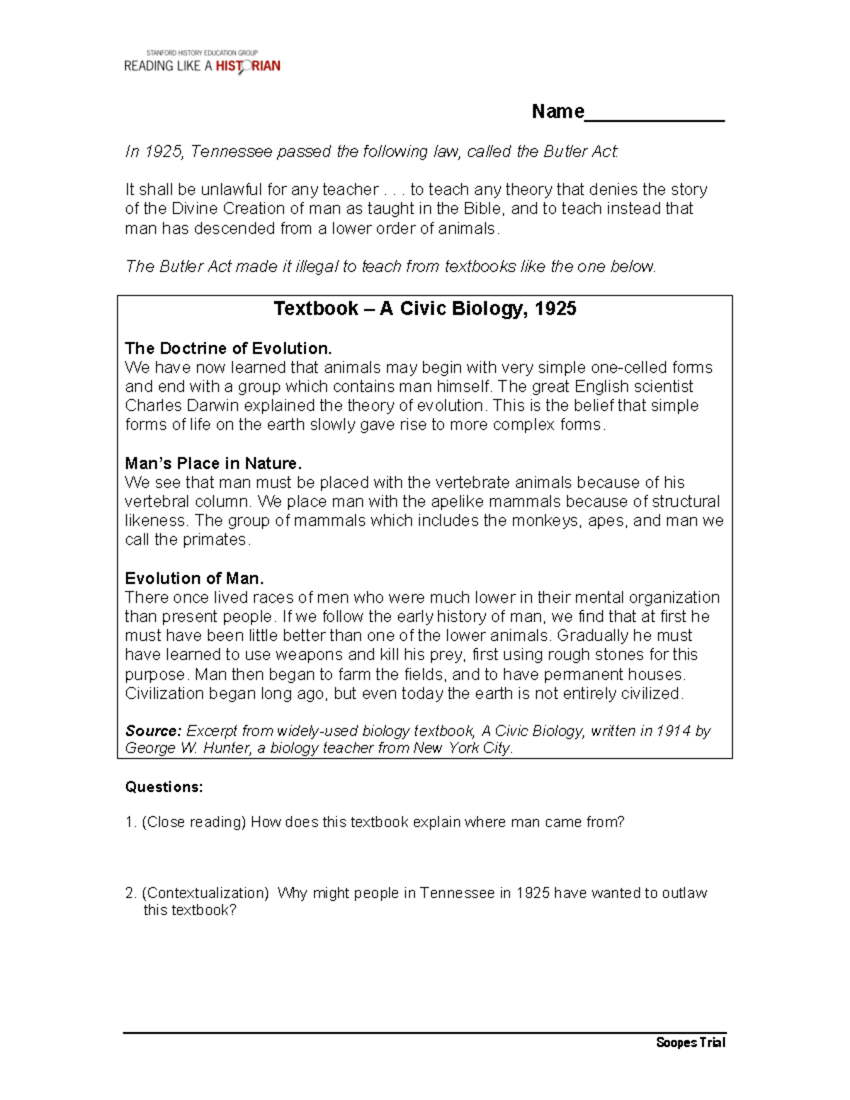 Scopes trial - stanford history education history group - Name ...