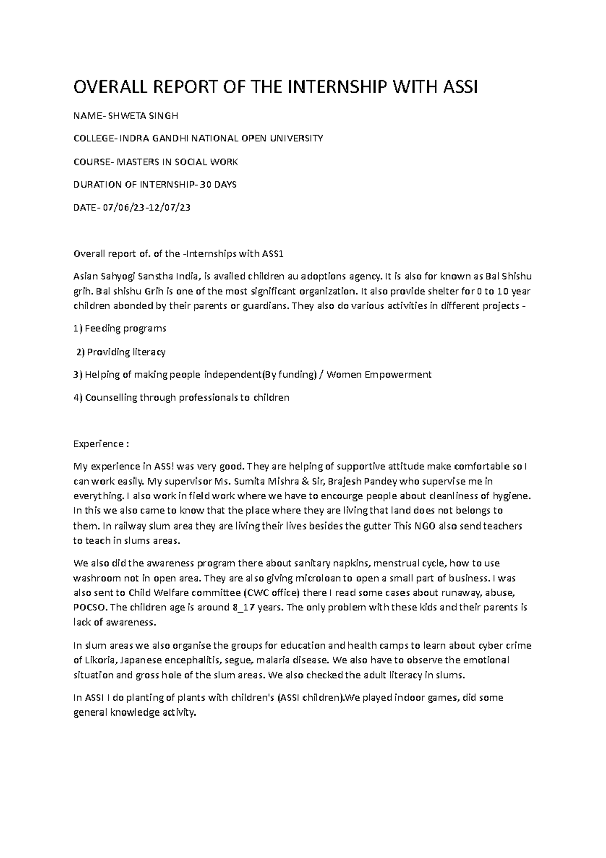 Overall Report 2 - goood study material - OVERALL REPORT OF THE ...