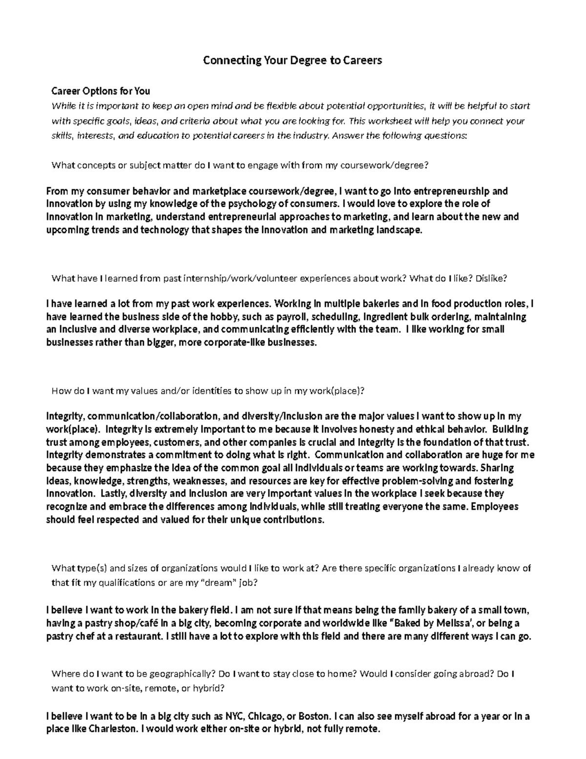 Connecting Your Degree to Careers Worksheet - Connecting Your Degree to ...