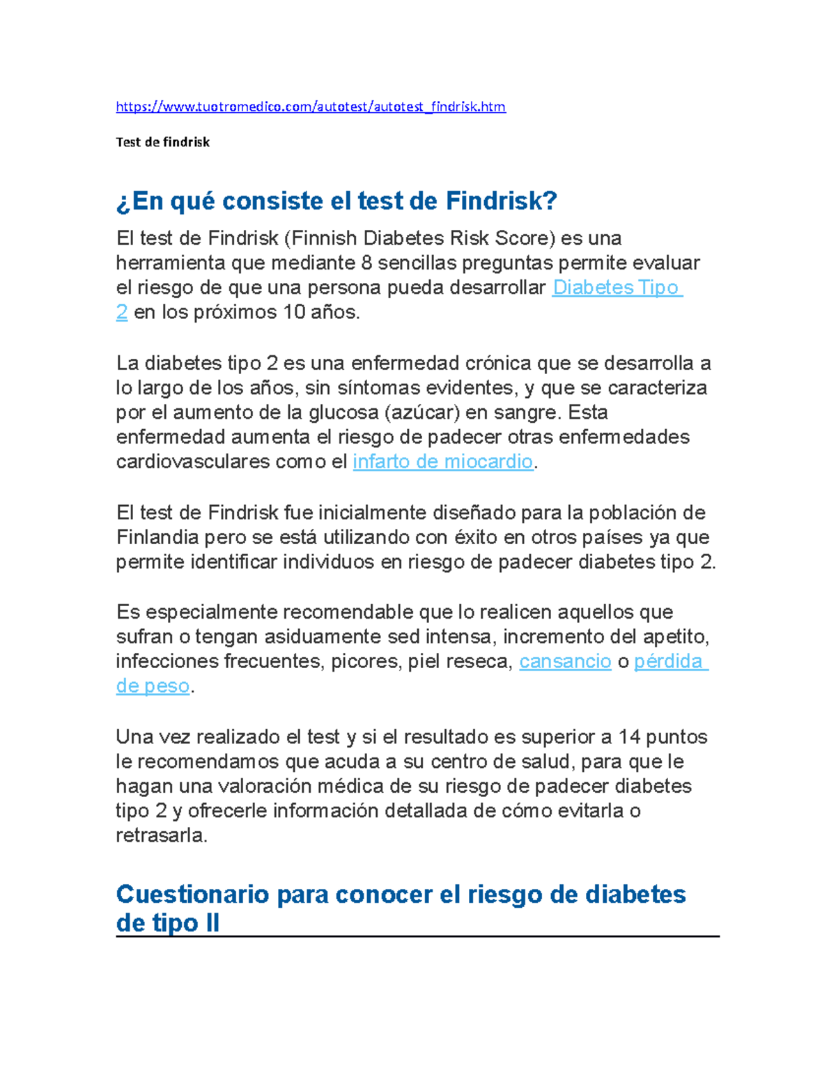 TEST DE Findrisk - tes bioquimica - tuotromedico/autotest/autotest ...