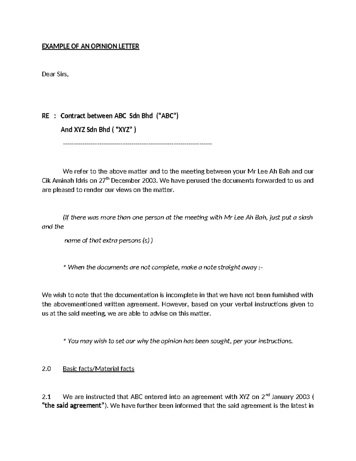 Example - Legal opinion letter (contract) - EXAMPLE OF AN OPINION ...