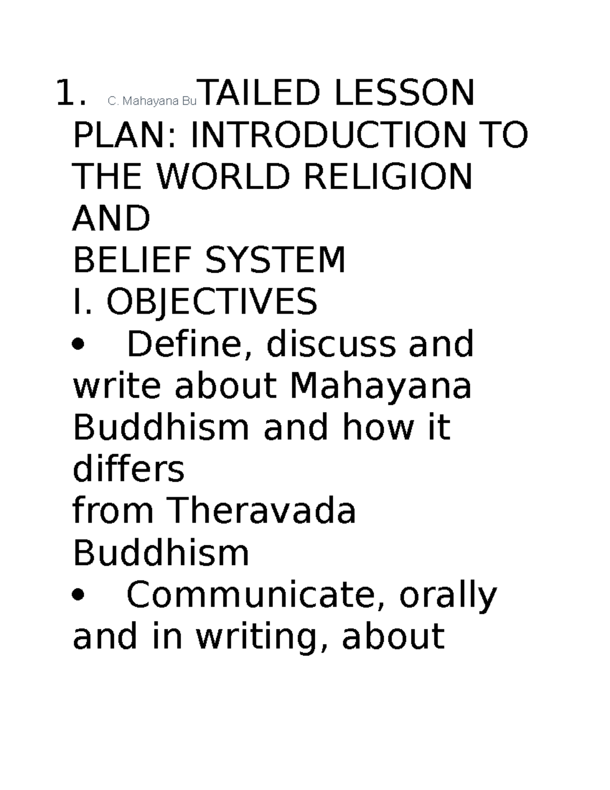Detailed Lesson PLAN - 1. C. Mahayana BuTAILED LESSON PLAN ...