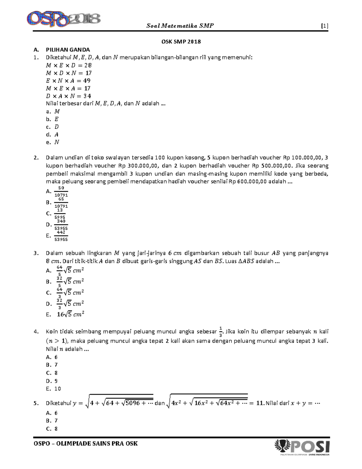 OSPO POSI 2018 MTK SMP - Latihan Soal - Soal Matematika SMP [1] OSPO – OLIMPIADE SAINS PRA OSK ...