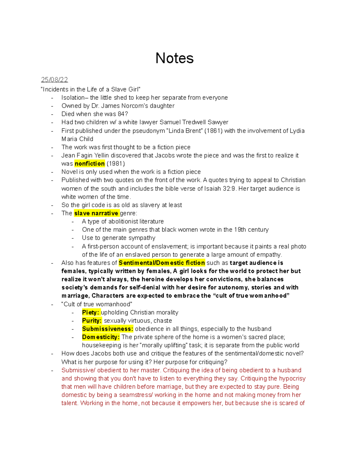 Woman Lit Notes - Fall 2022 - Notes 25/08/ “Incidents in the Life of a ...