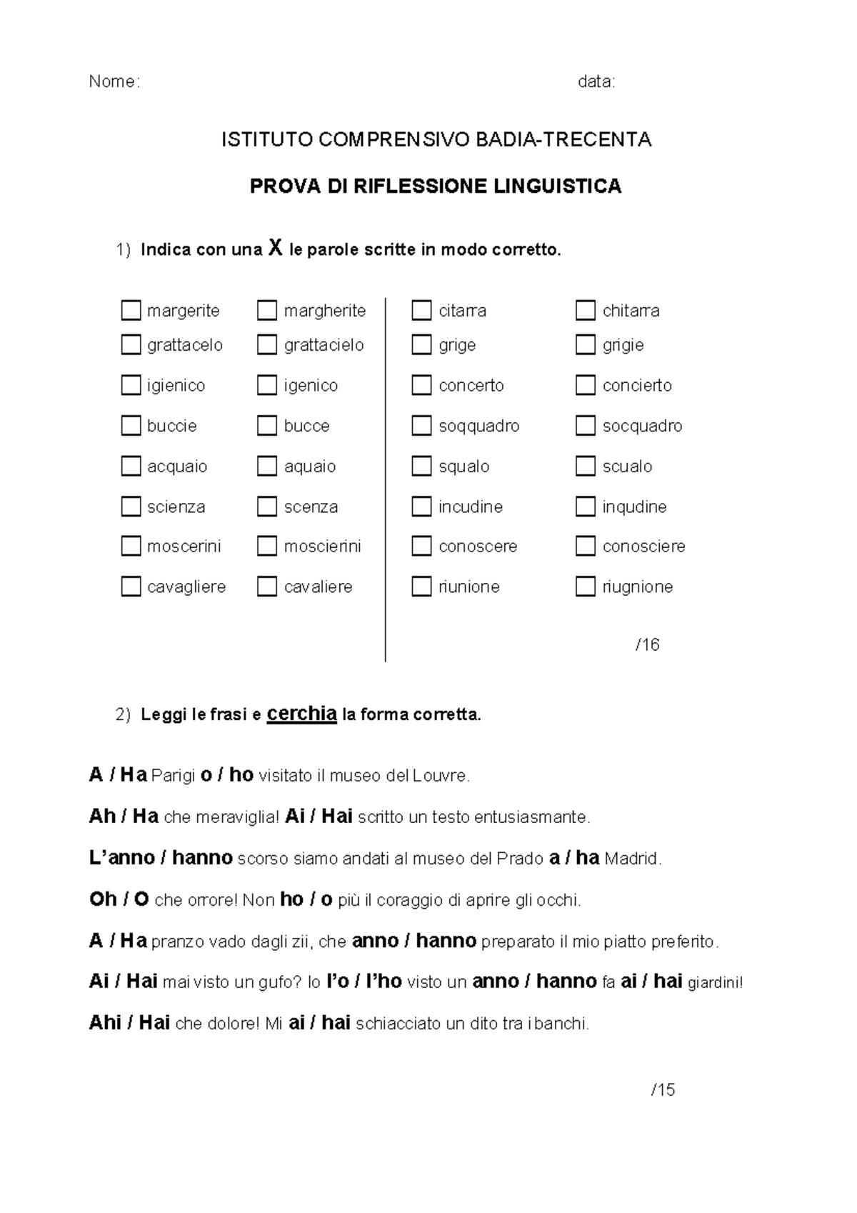 Cl 4 Ita Prova Riflessione Primo bimestre - Nome: data: ISTITUTO ...