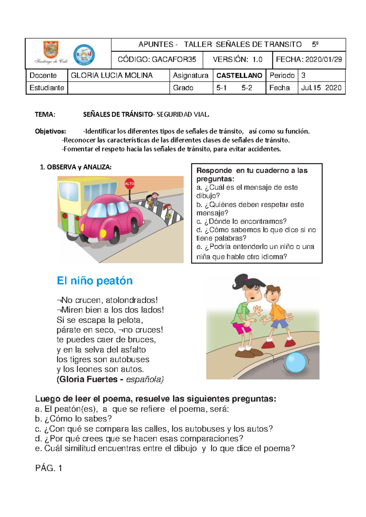 Señales DE Tránsito 5º - Vghjk - APUNTES - TALLER SEÑALES DE TRANSITO ...