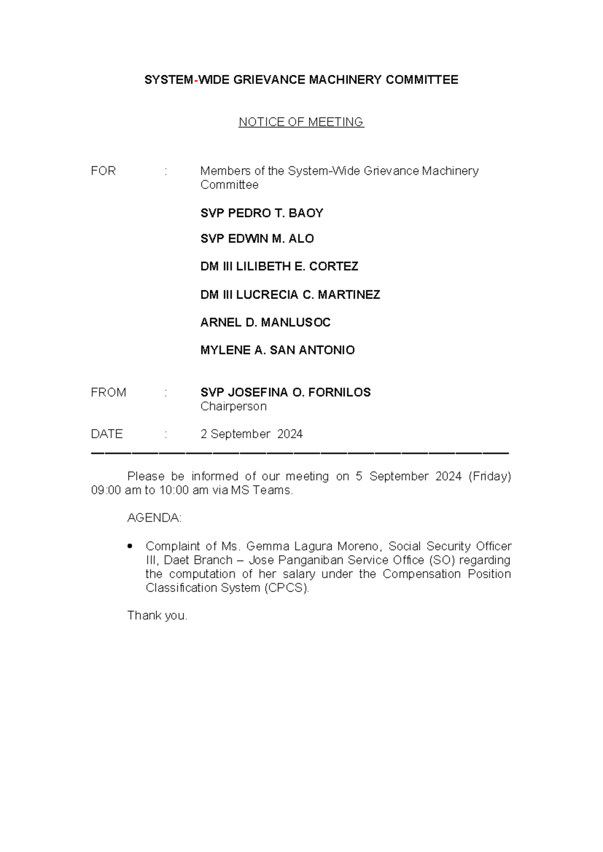 Option no. 1 Notice of meeting 1- 2024 - SYSTEM-WIDE GRIEVANCE ...