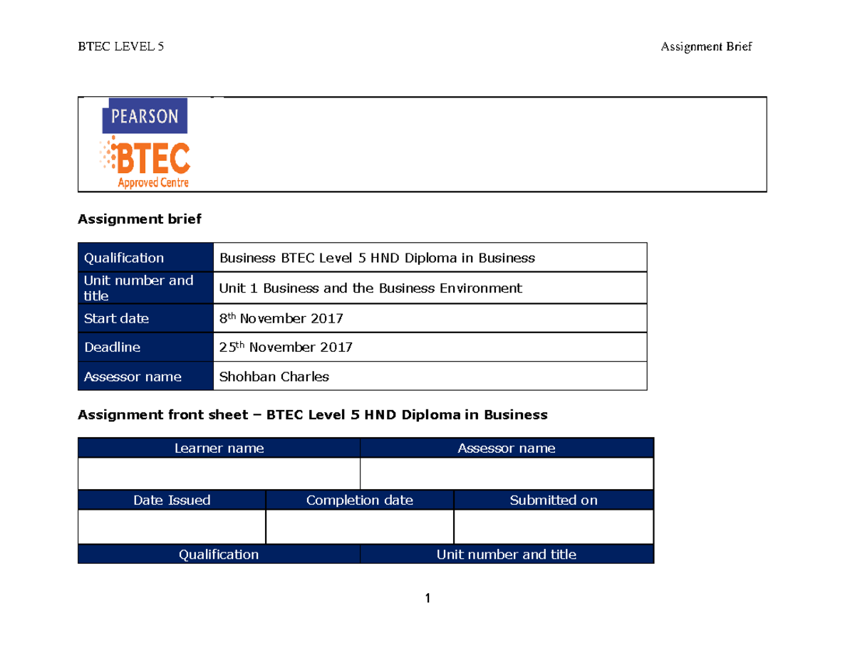 Unit 1 Assignment - DSBVSB - Assignment brief Assignment front sheet ...