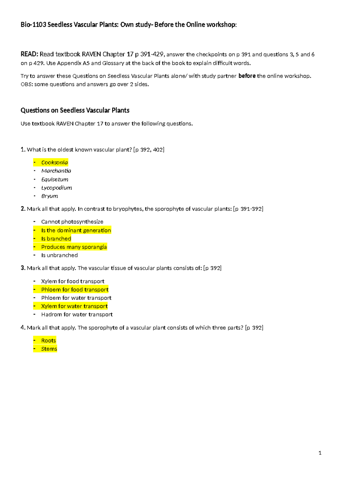 Bio-1103 Study Q Seedless Vascular Plants - 1 Bio-1103 Seedless ...