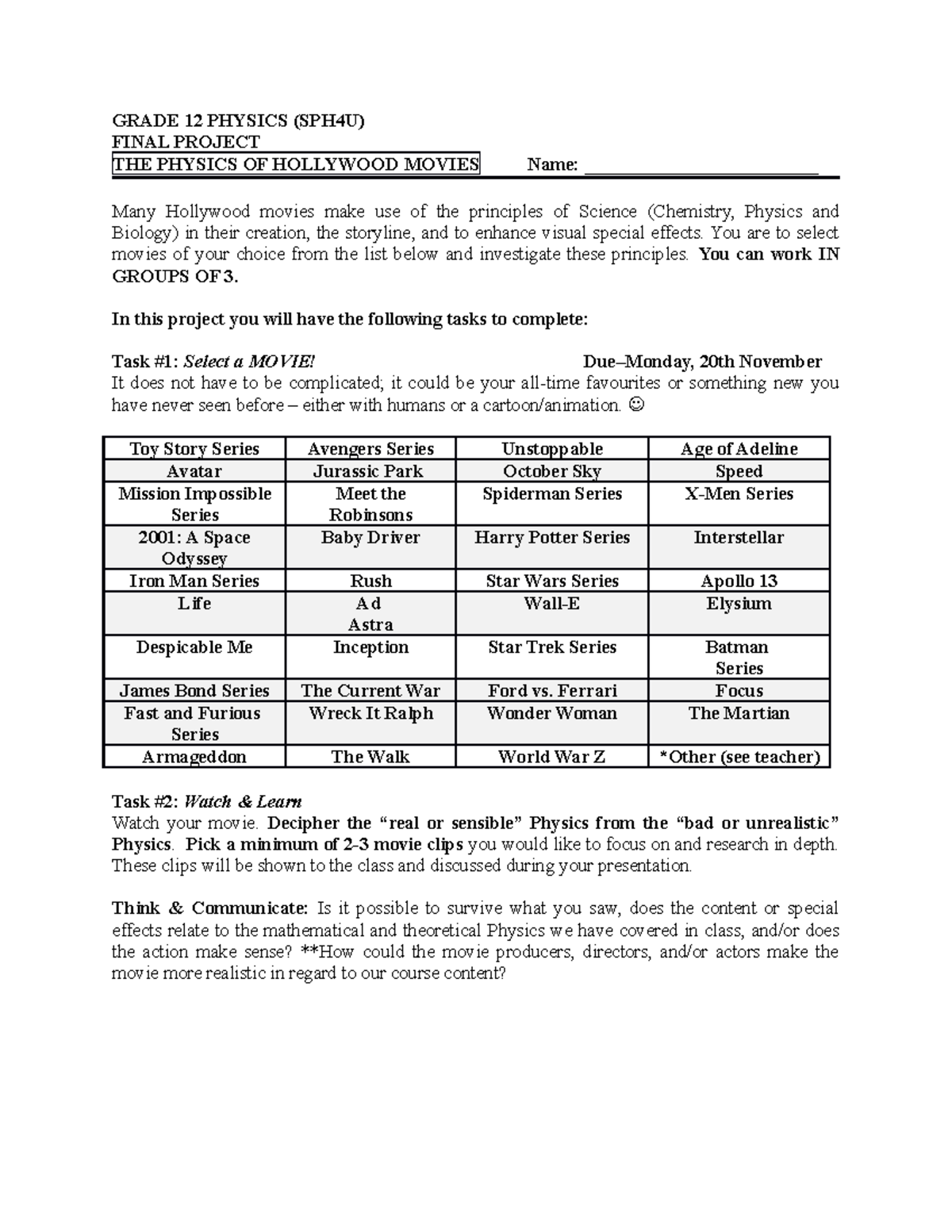 SPH4U Final Project - Movie - GRADE 12 PHYSICS (SPH4U) FINAL PROJECT ...