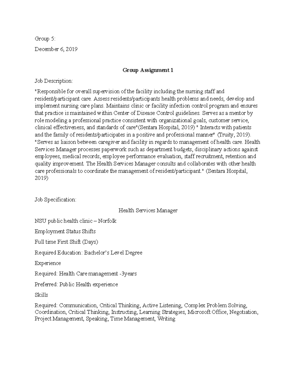HSM310 Group 5 Project - Job Description: - Group 5: December 6, 2019 ...