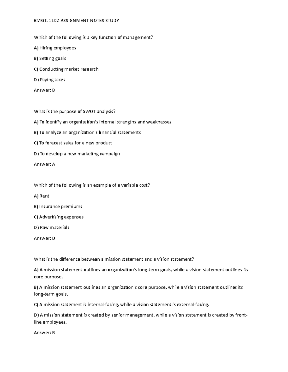 BMGT assignments study - BMGT. 1102 ASSIGNMENT NOTES STUDY Which of the ...