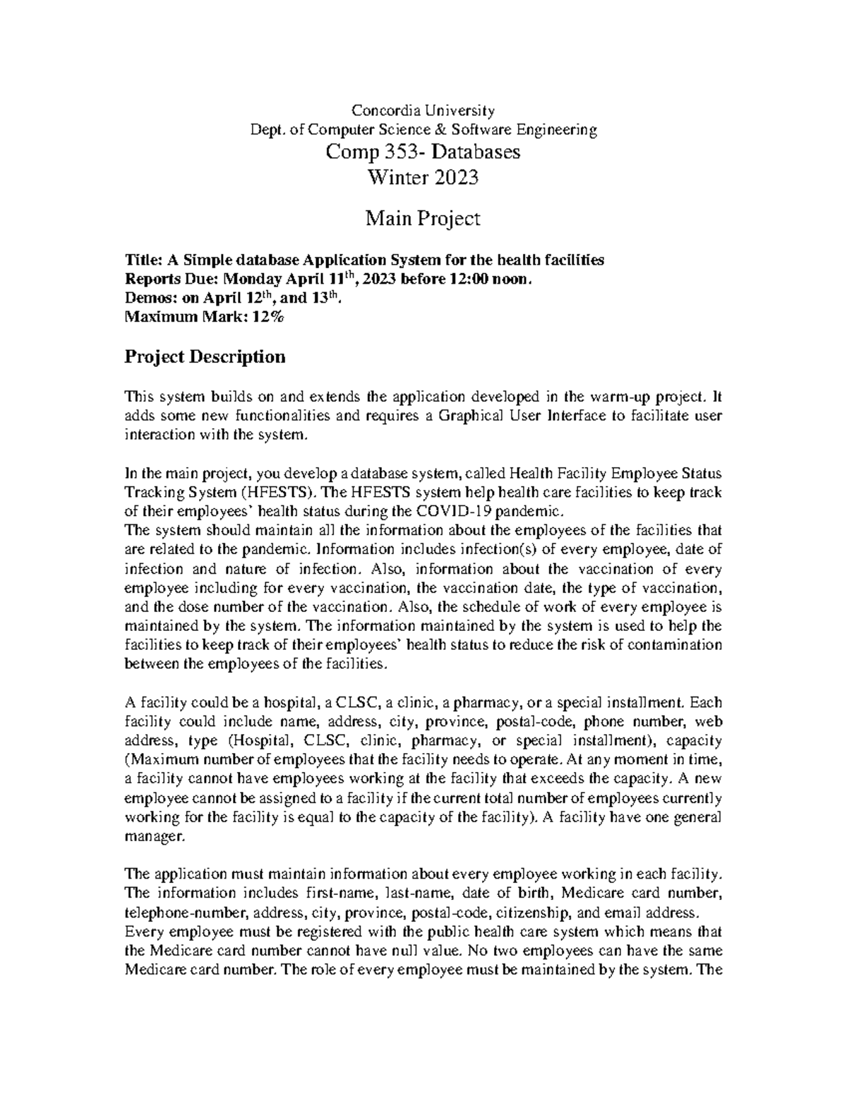 Comp353-W2023-Main Project - Concordia University Dept. of Computer Science & Software - Studocu