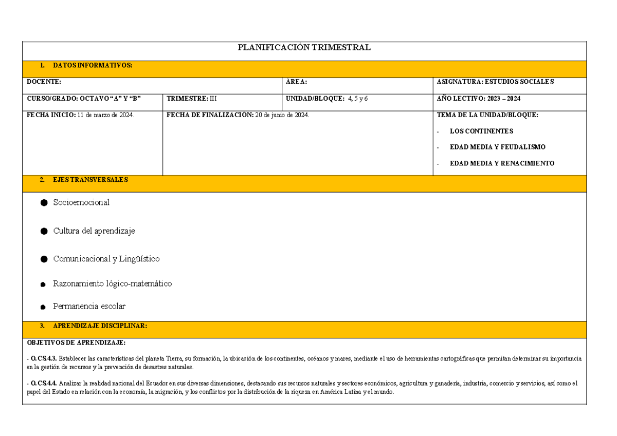 Planificacion tercer 8VO - PLANIFICACIÓN TRIMESTRAL 1. DATOS ...