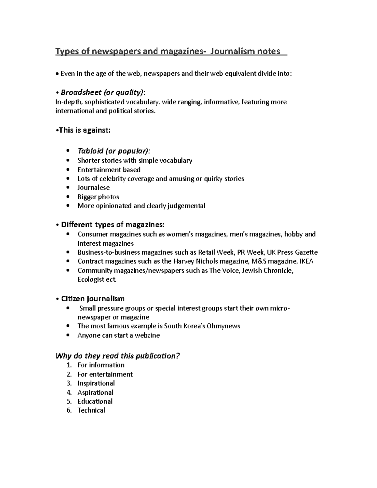 Types of newspapers and magazines - Journalism notes - • This is ...