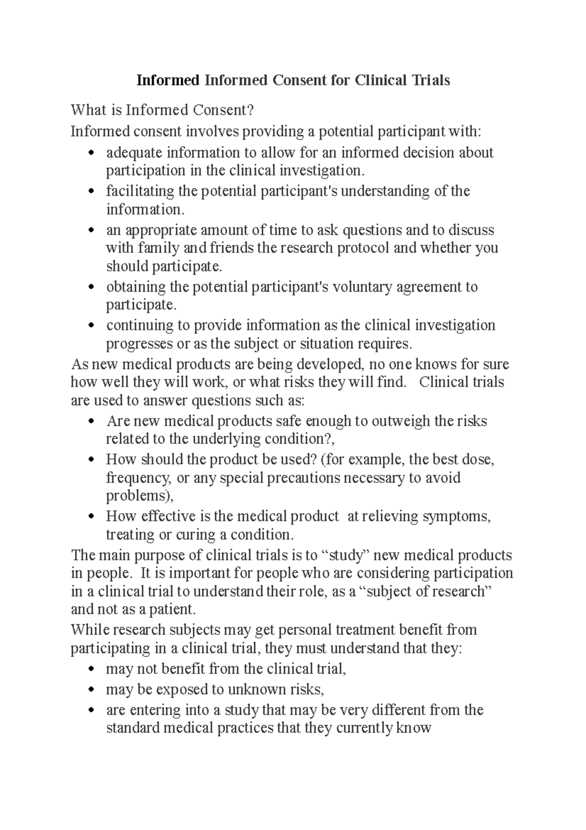 Informed Informed Consent for Clinical Trials - facilitating the ...