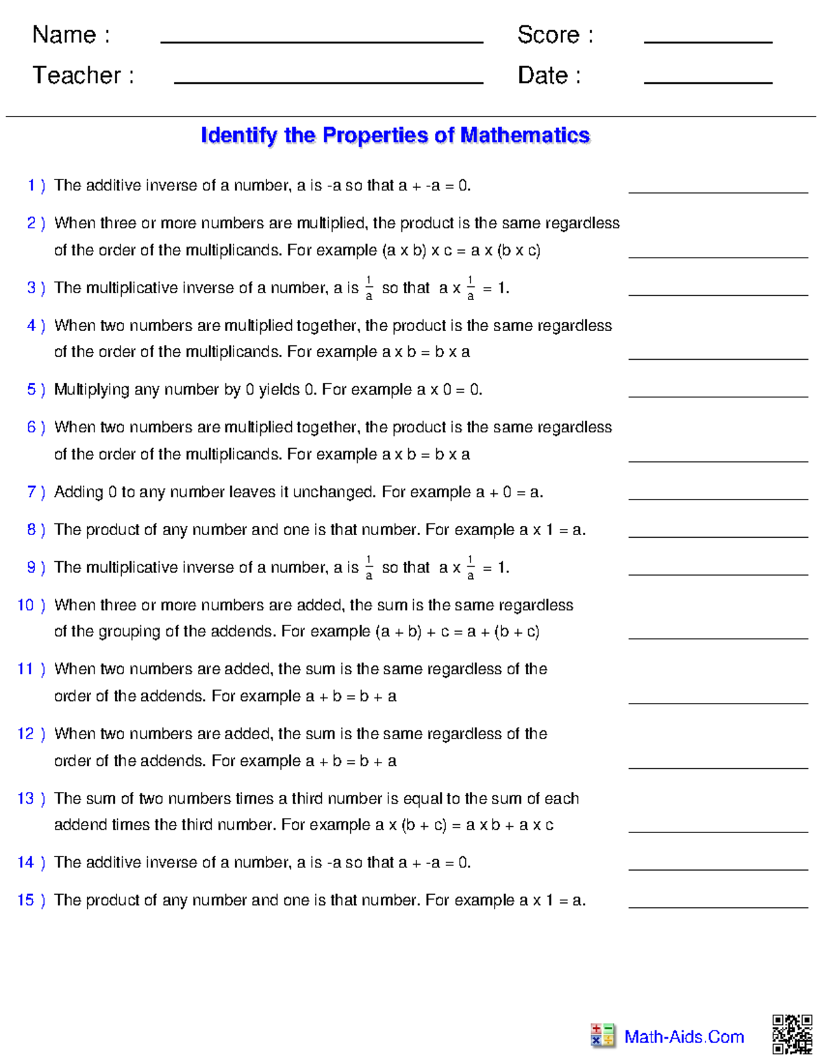 GR 8 Worksheet Properties OF Numbers - Name : Teacher : Date : Score ...