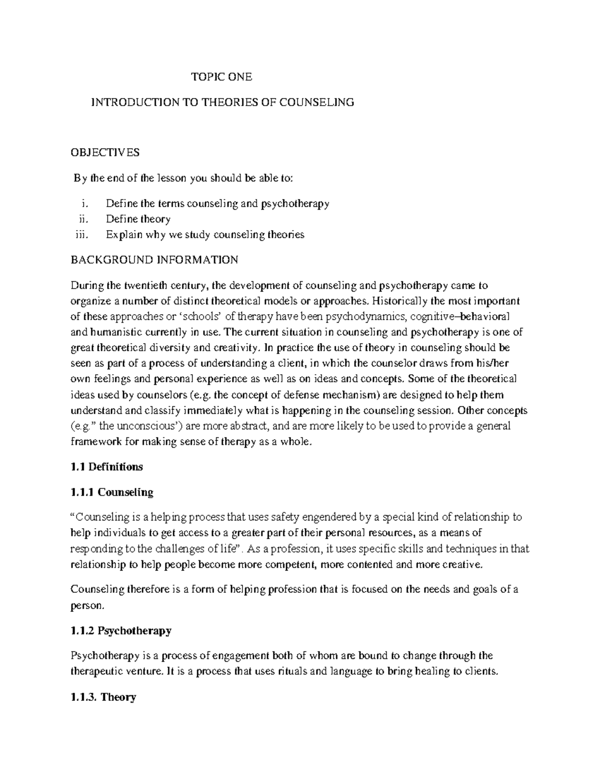 Introduction TO Theories on Guiding and counselling - TOPIC ONE ...
