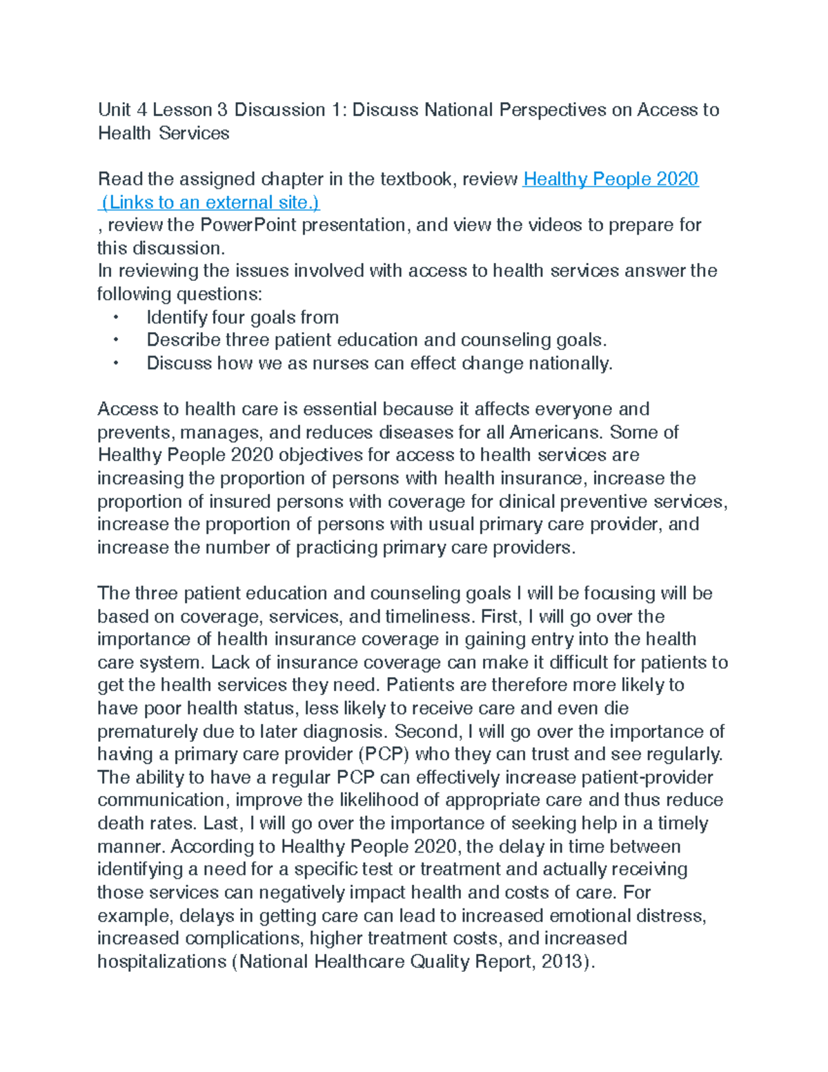 Discuss National Perspectives on Access to Health Services - ) , review ...