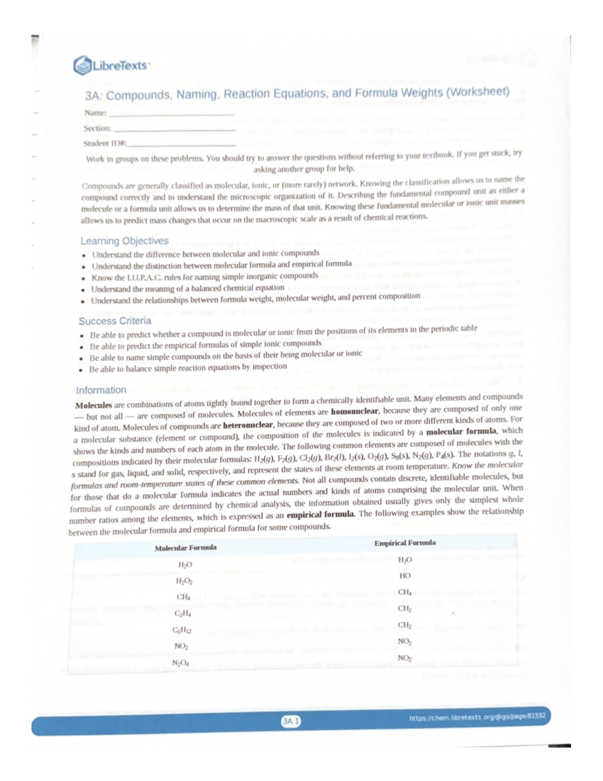 3A.Compounds, Naming, Reaction Equations, and Formula Weights ...