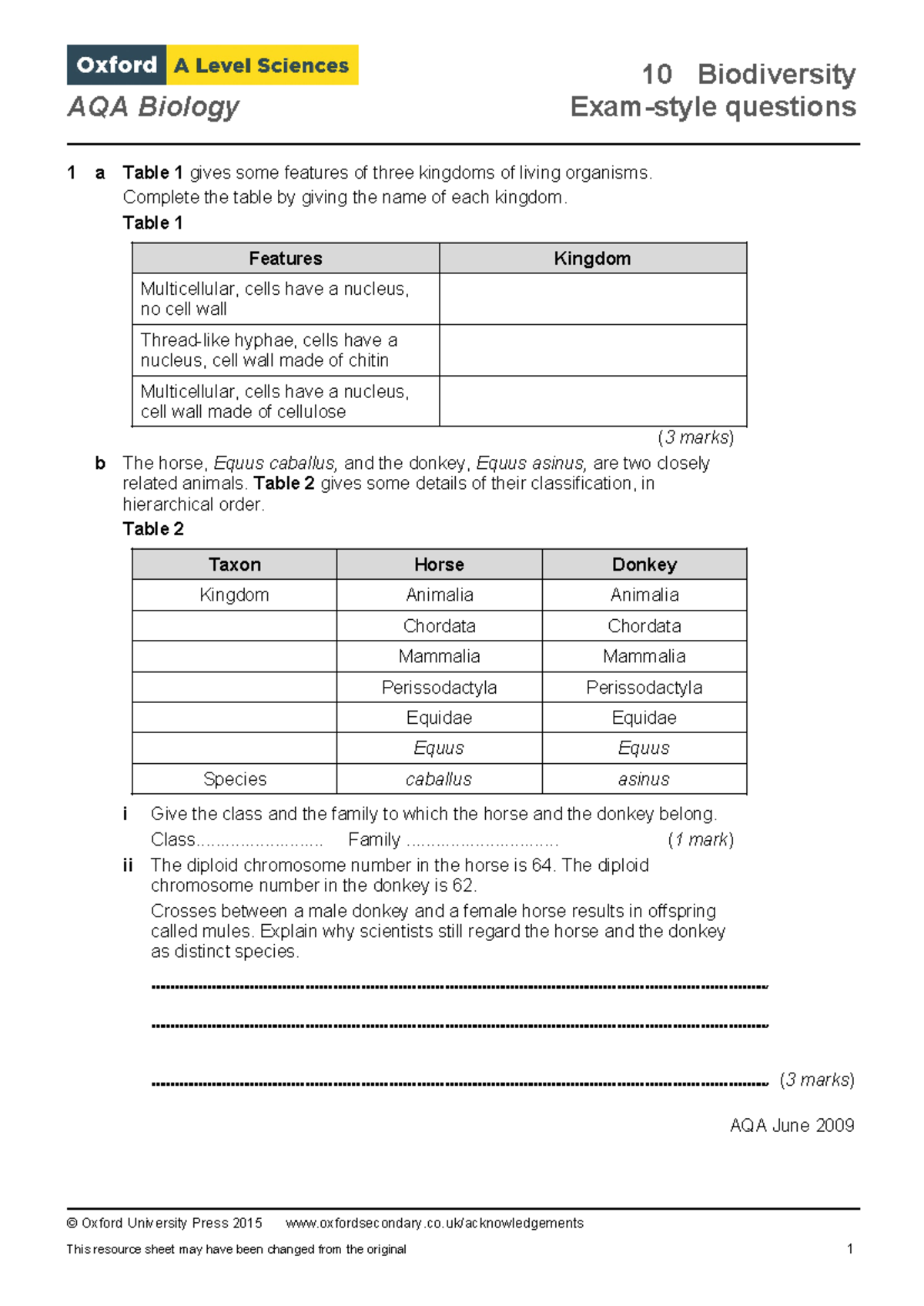Biodiversity kerboodle questions - AQA Biology Exam-style questions 1 a ...
