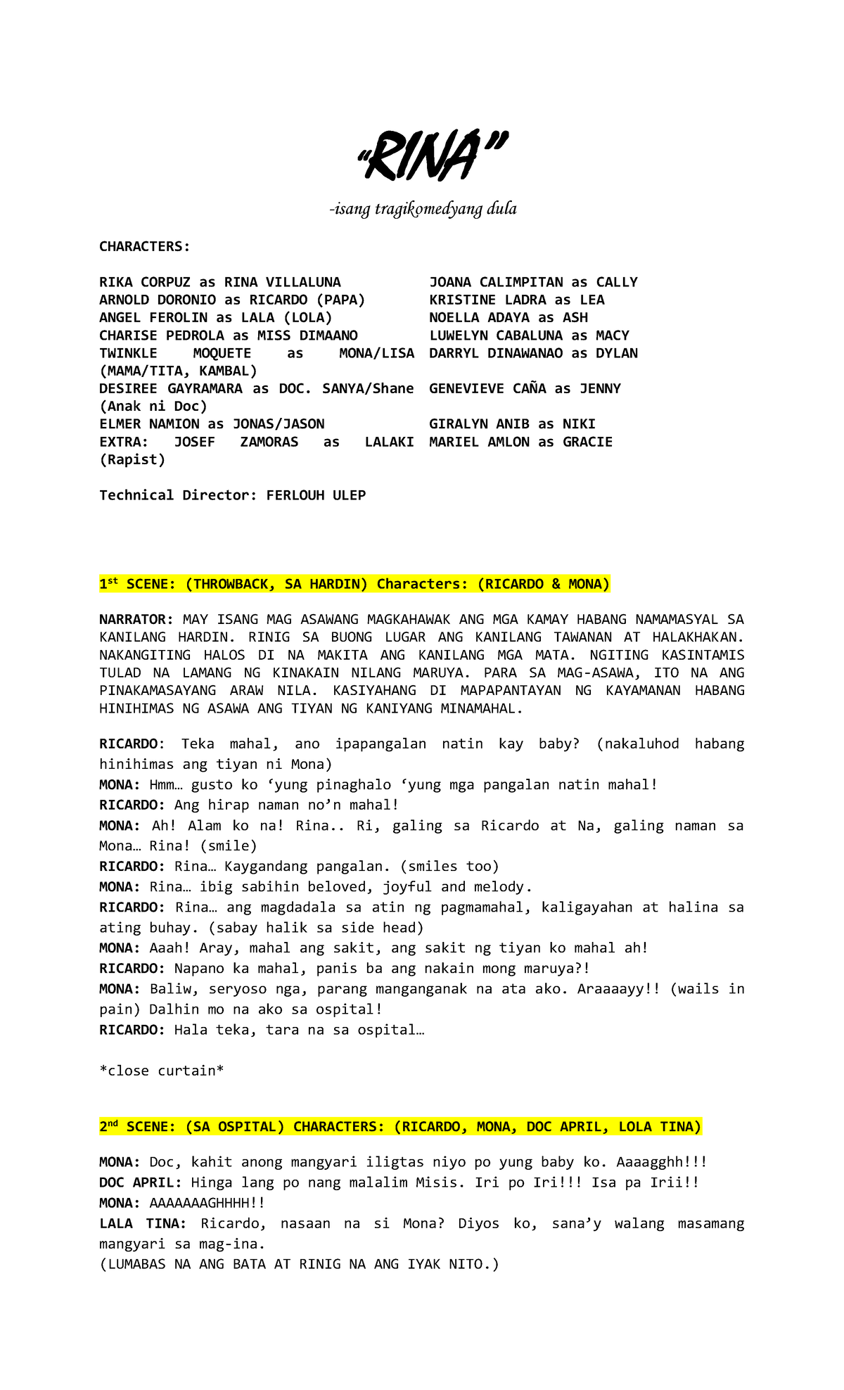 DULA- Script - Thank you - “RINA” isang tragikomedyang dula CHARACTERS ...