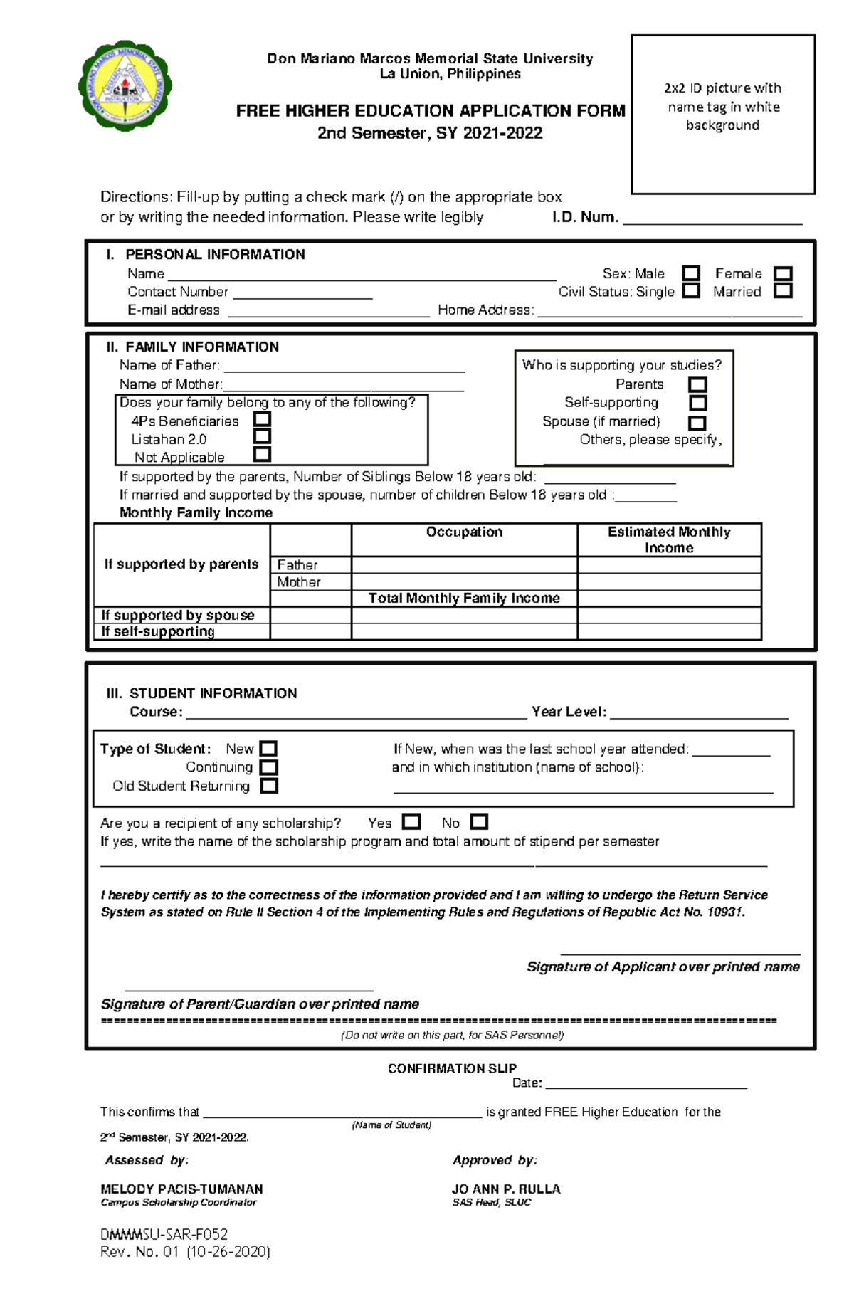 SAR F052 FREE Higher Education FORM 1 - Don Mariano Marcos Memorial ...