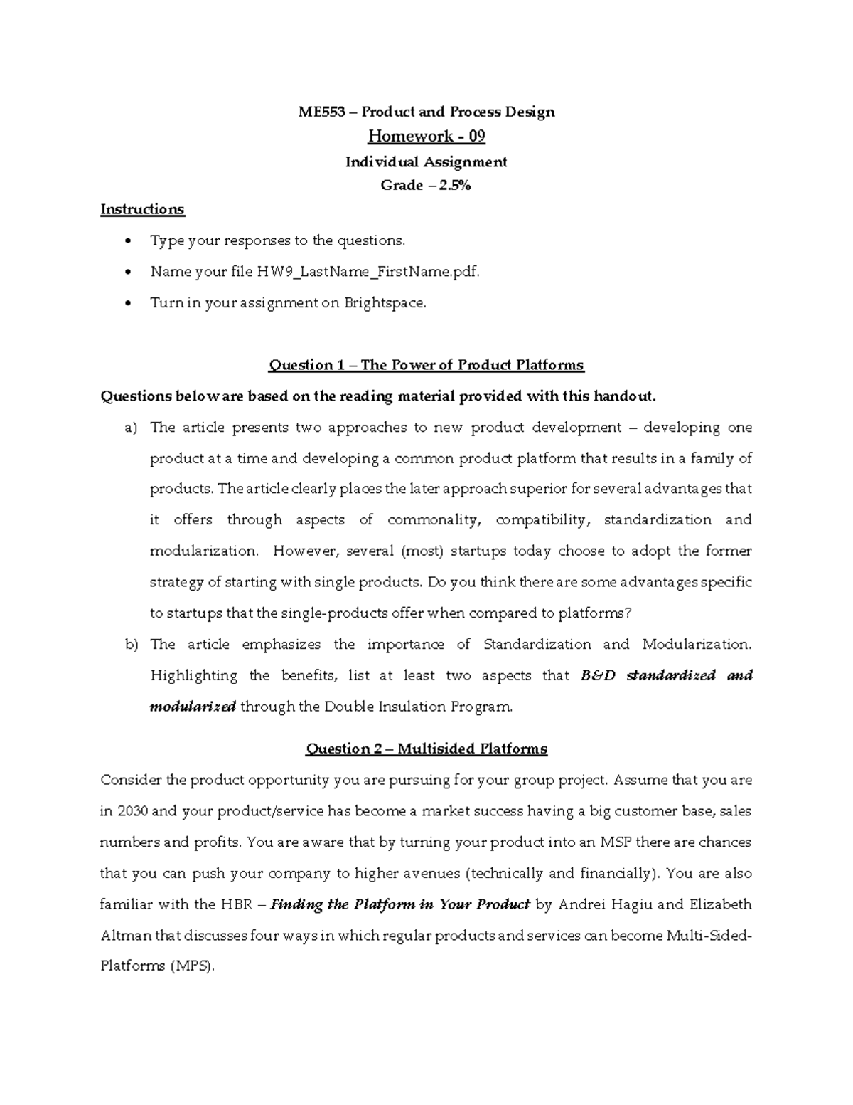 HW9 - HW9 - ME553 – Product and Process Design Homework - 09 Individual ...